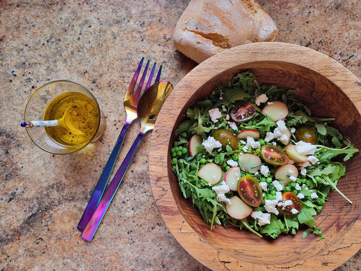 Peppery rocket, sweet peach and salty feta salad - Saucy Dressings